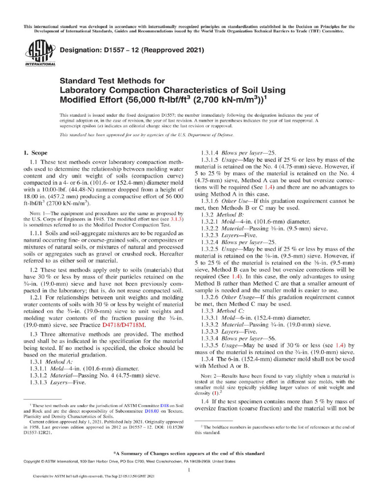 ASTM D1557 使用修正力的土壤实验室压实特性的标准试验方法 | PDF