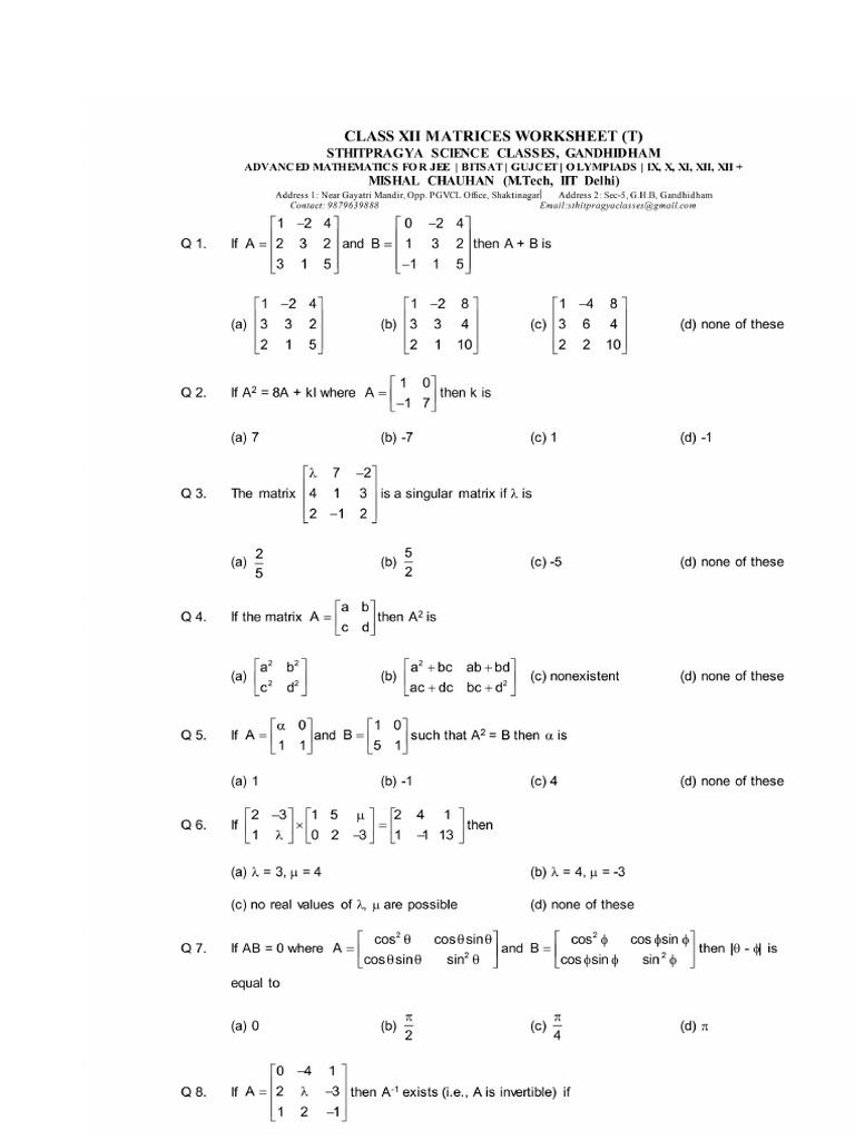 Math Matrices ws1 Grade 12 | PDF