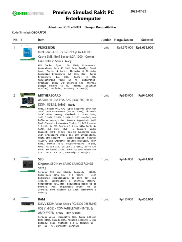 Simulasi Admin and Office INTEL - Enterkomputer Jual Beli Online Komputer, Rakit PC, Termurah ...