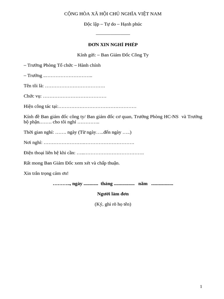 Mau Don Xin Nghi Phep Thong Thuong TOPCV - VN | PDF