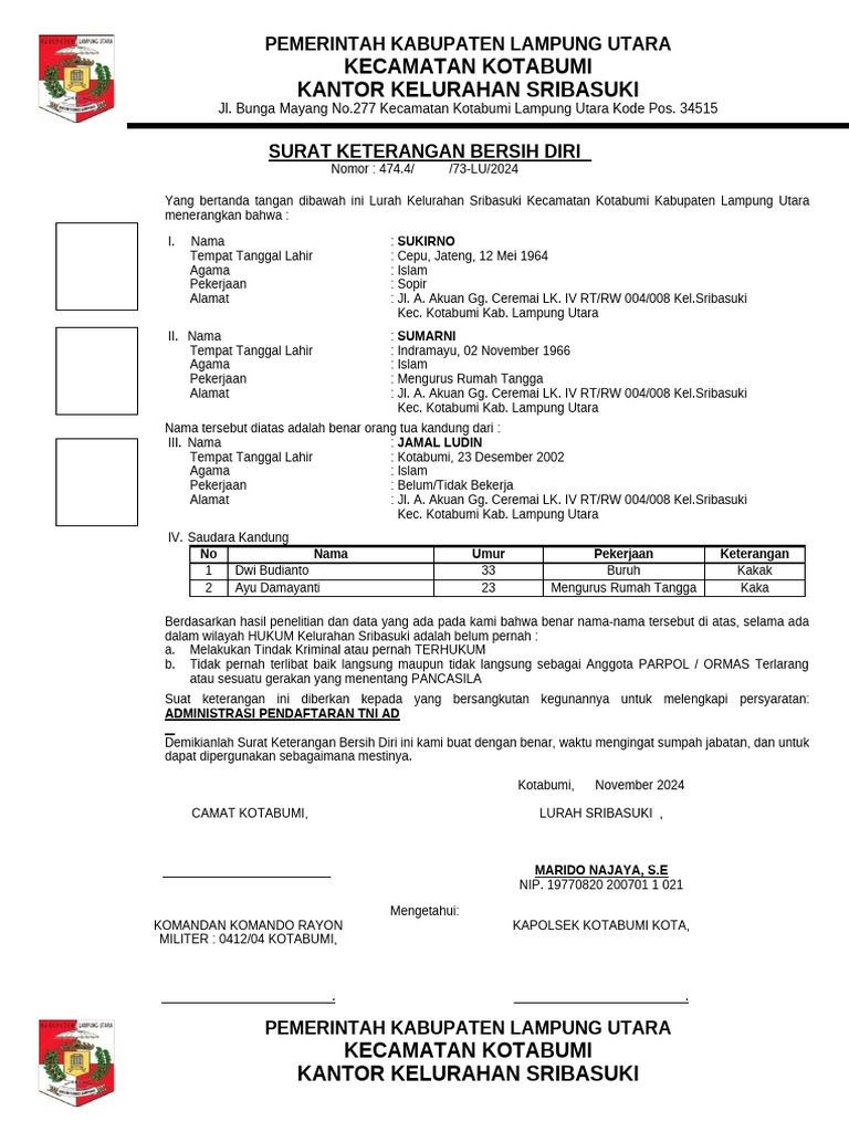 Surat Keterangan Bersih Diri Lampung | PDF