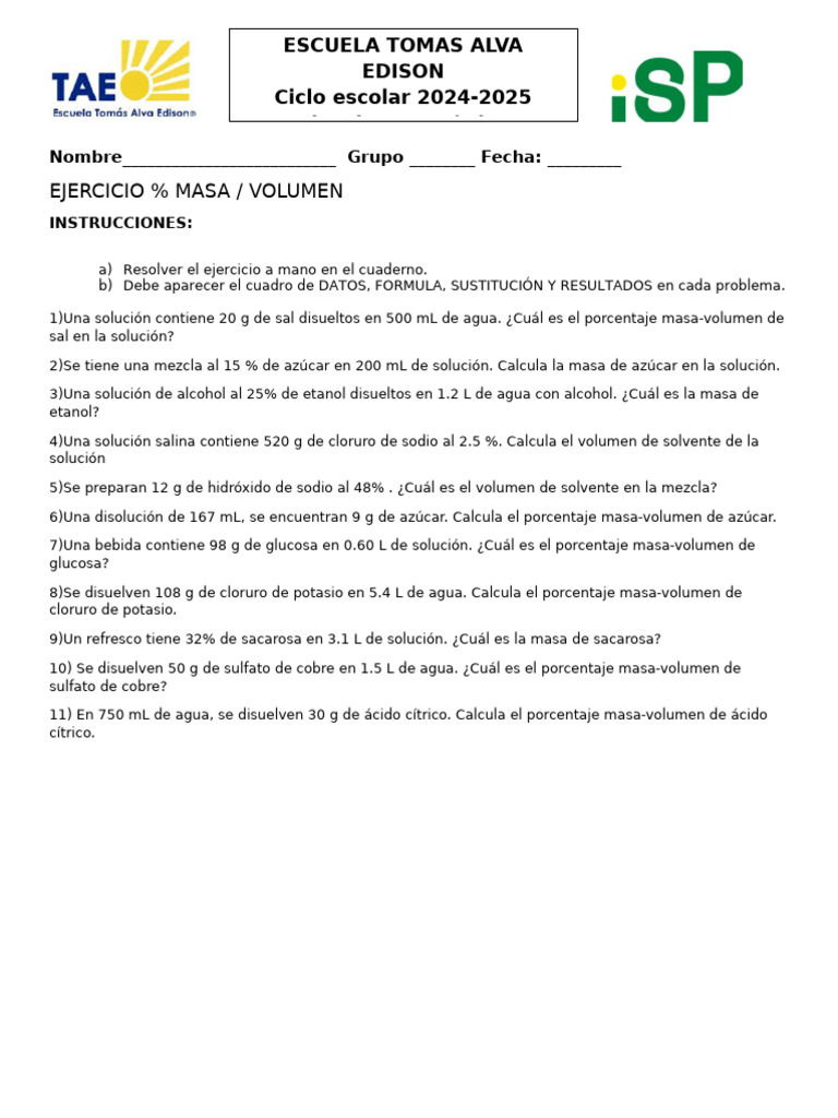 Ejercicios de Porcentaje Masa-Volumen | PDF
