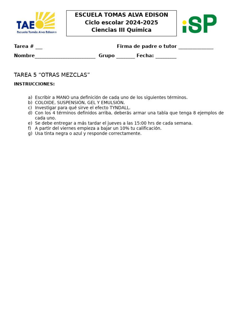 Tarea de Química: Mezclas y Efecto Tyndall | PDF