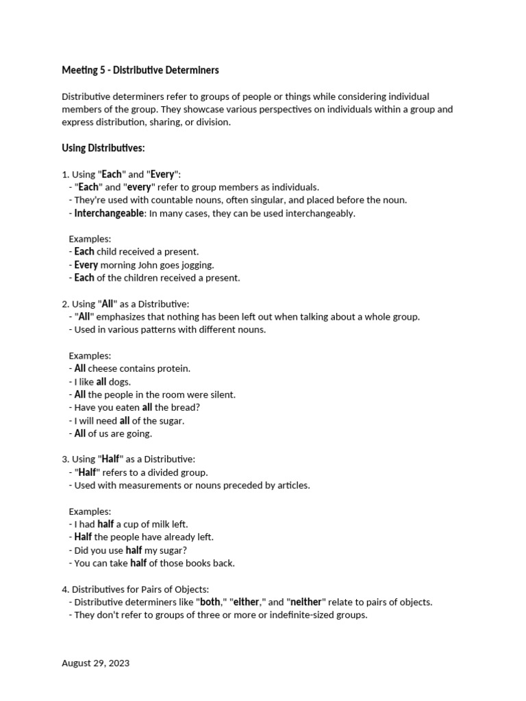 Meeting 5 - Distributive Determiners & Exercise | PDF | Investing