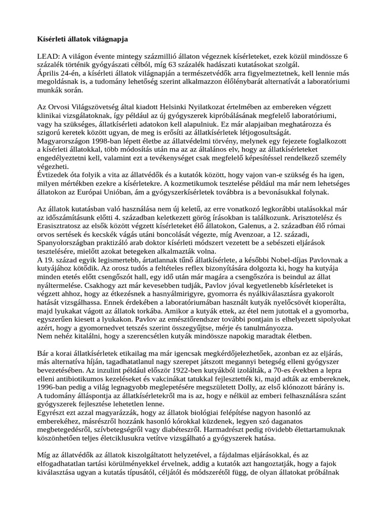 Állatkísérlet SZF | PDF
