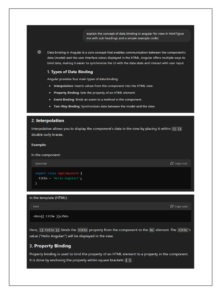 Explain the concept of Data Binding in Angular for view in HTML | PDF