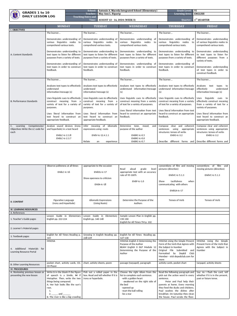DLL_ENGLISH 6_Q1_W3 | PDF | English Language | Learning