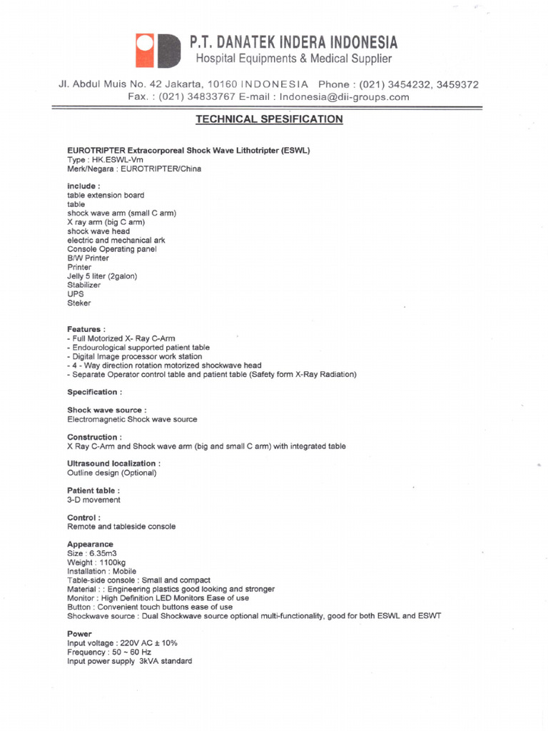 Technical Specifications - HK - ESWL VM, EUROTRIPTER | PDF