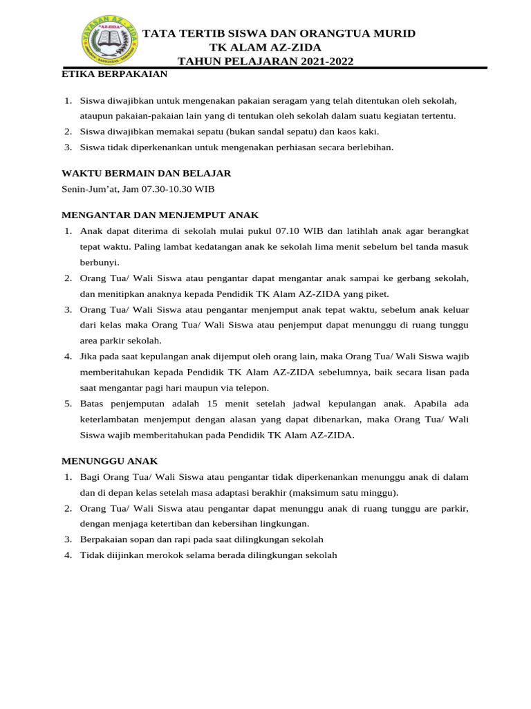 Tata Tertib Siswa Dan Otang Tua 2021 | PDF