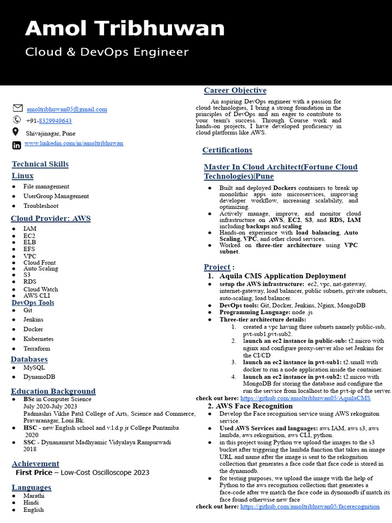 Amol Tribhuwan DevOps Updated | PDF | Amazon Web Services | Computer Engineering
