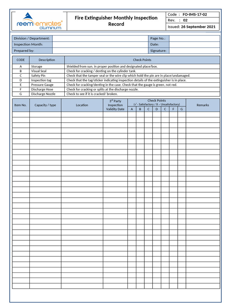 Fire Extinguishers Monthly Inspection Record | PDF