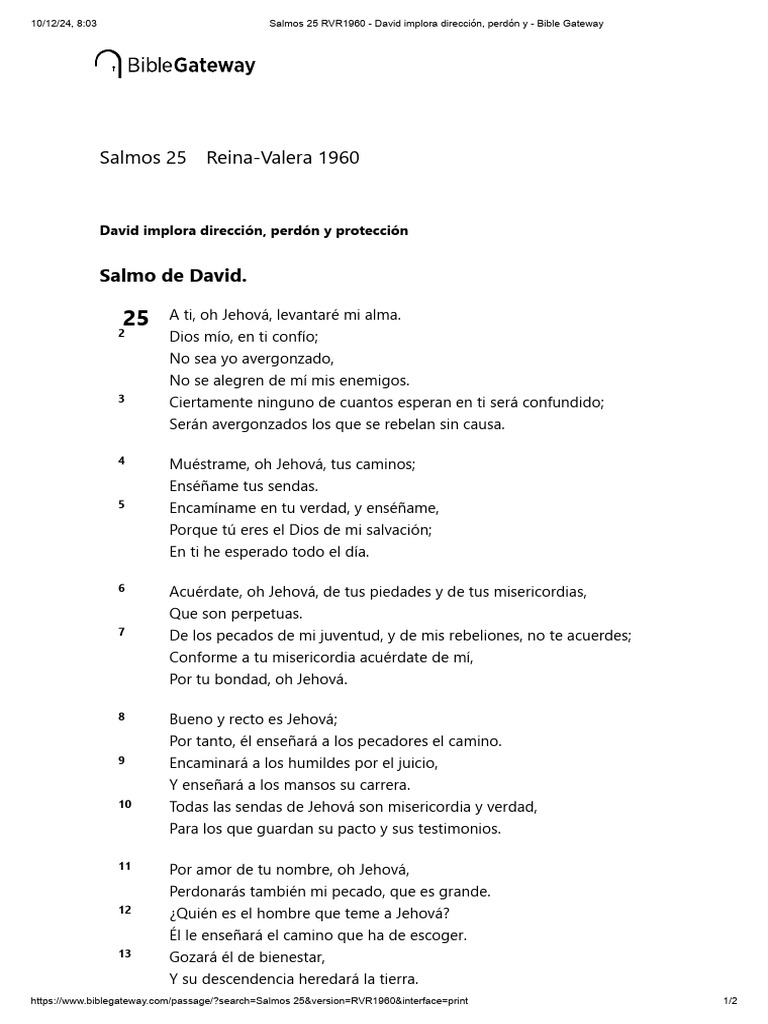 Salmos 25 RVR1960 - David Implora Dirección, Perdón y - Bible Gateway ...