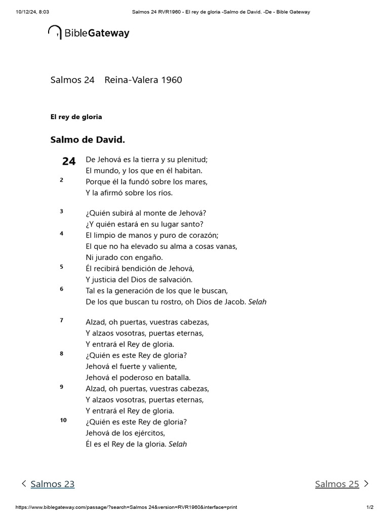 Salmos 24 RVR1960 - El rey de gloria -Salmo de David. -De - Bible ...
