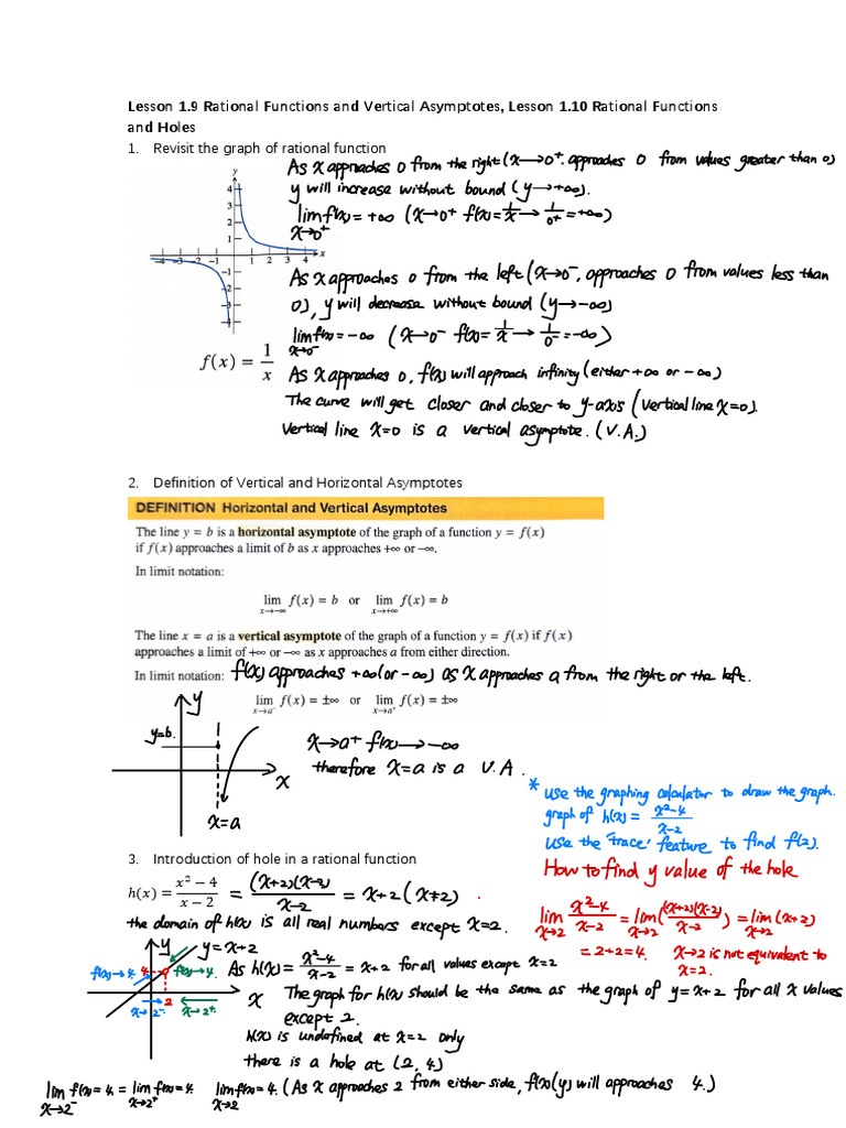 Rational Functions: Asymptotes and Holes | PDF | Asymptote | Elementary ...
