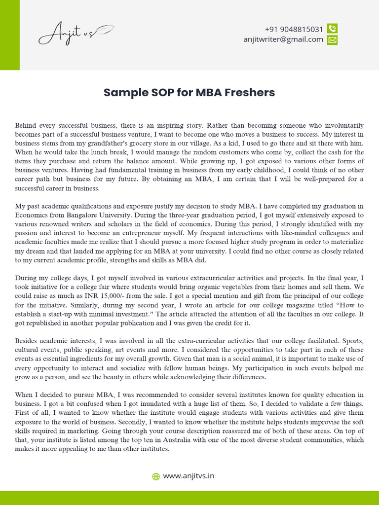 Sample SOP for MBA Freshers | PDF | Master Of Business Administration ...