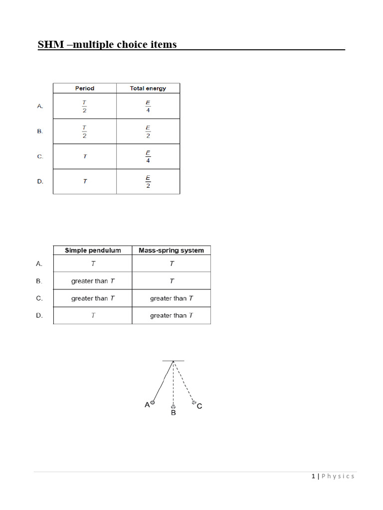 SHM Worksheet: Energy and Period Analysis | PDF | Oscillation | Pendulum