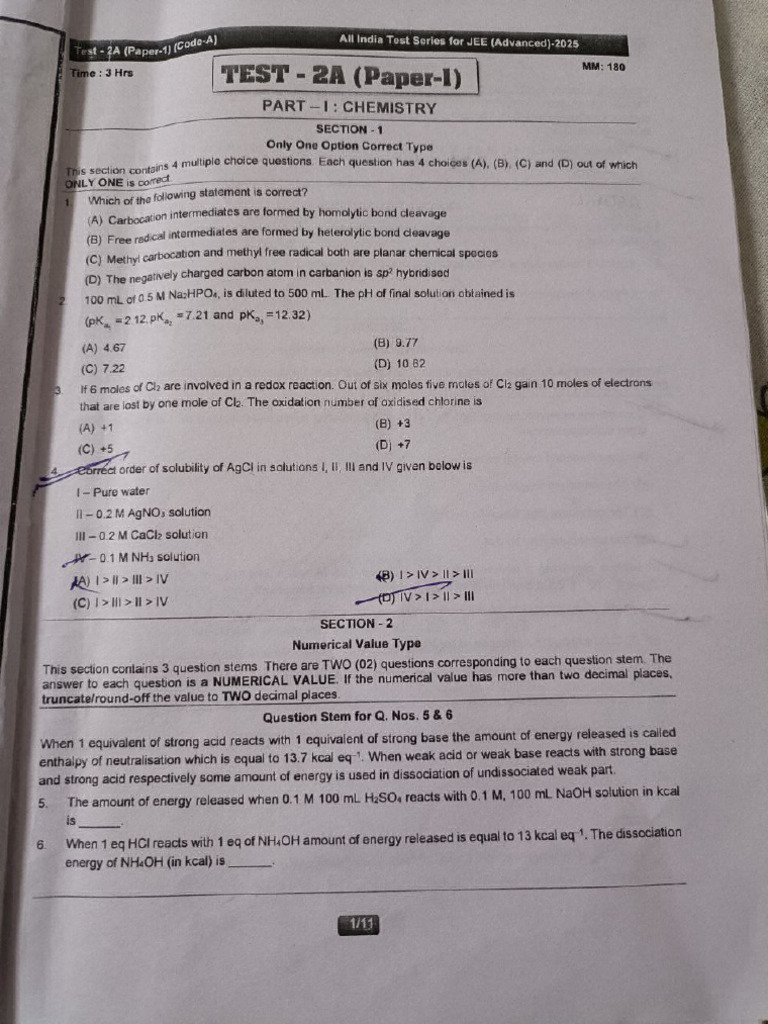 Class 11th Jee-Advance Sample Paper | PDF