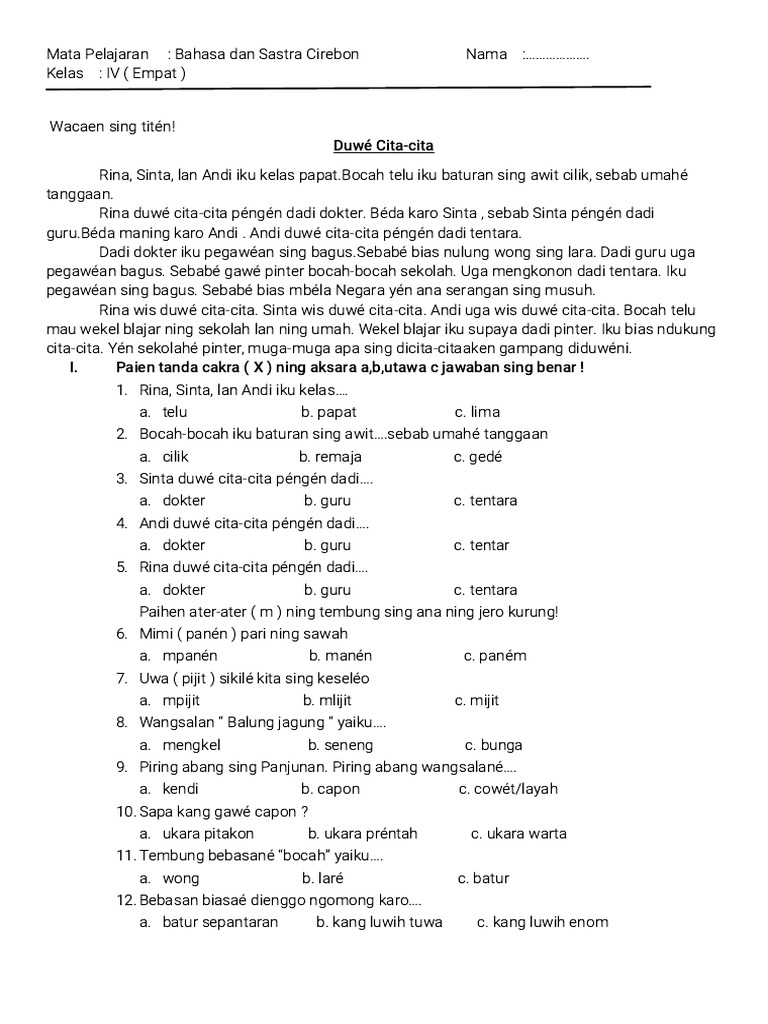 UTS Bahasa Cirebon Kelas 4 Semester 1 | PDF