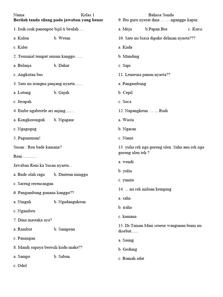 UTS Kelas 1 Bahasa Sunda Semester 1 | PDF