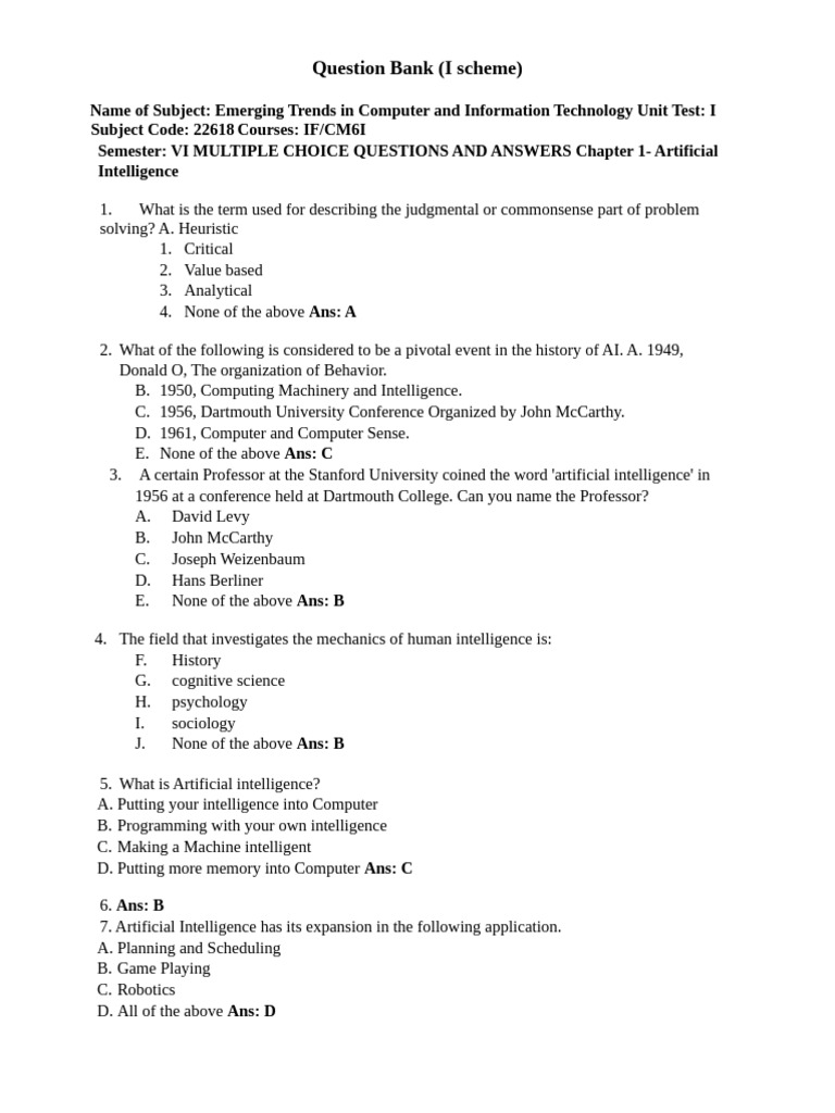 Eti Unit 1 MCQ Question Bank | PDF | Artificial Intelligence | Intelligence (AI) & Semantics