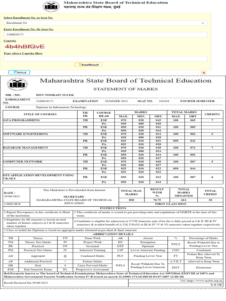MSBTE Diploma Marksheet Summer 2023 | PDF | Vocational Education ...