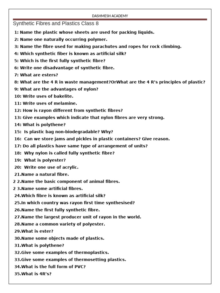 Fibres and Plastics Short Ques | PDF | Fibers | Plastic