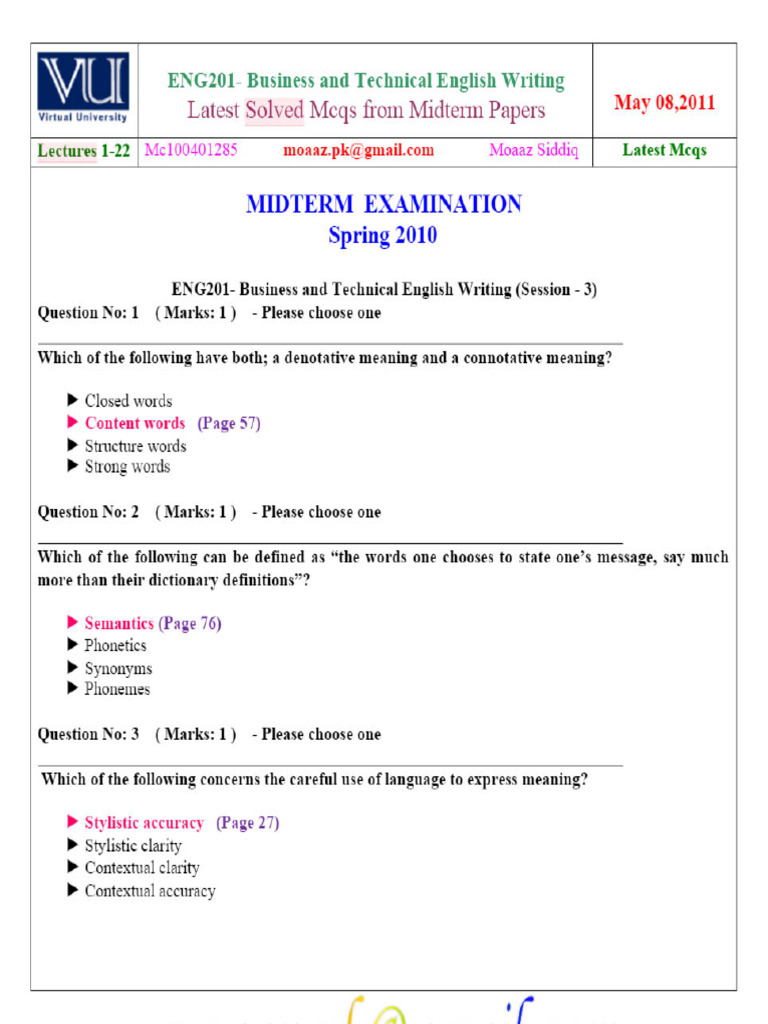 01M ENG201 Mid MCQs | PDF