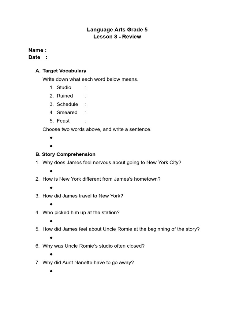 Grade 5 Language Arts Lesson 8 Review | PDF