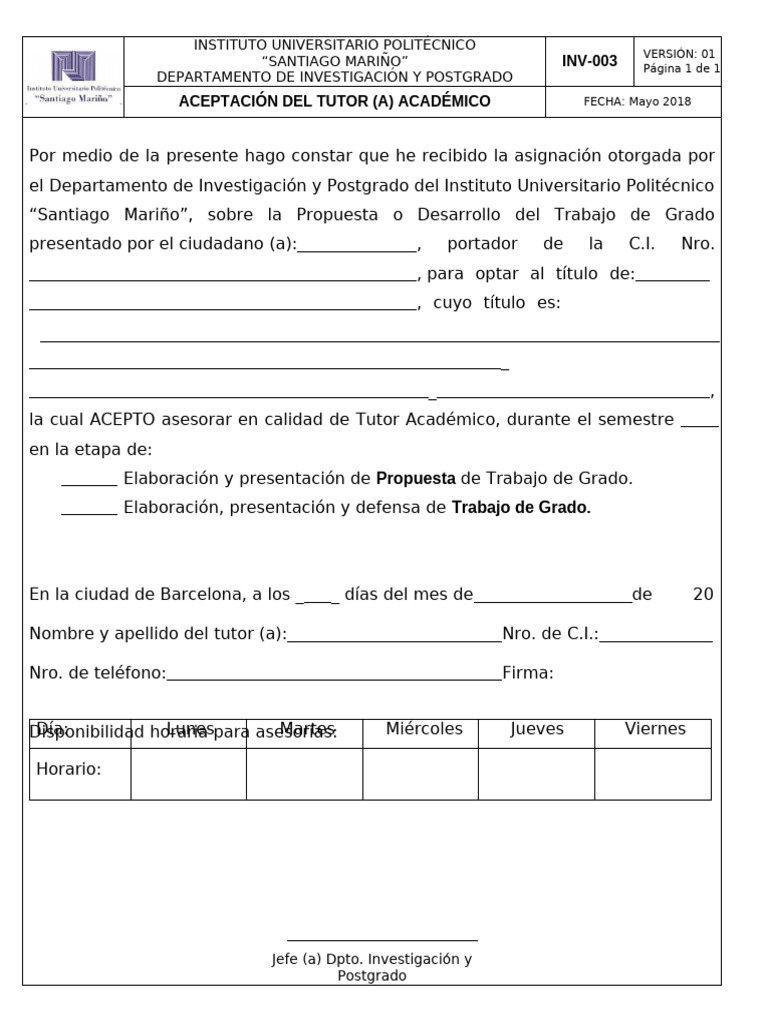 FOR-INV-003 ACEPTACION DEL TUTOR PI -TG | PDF