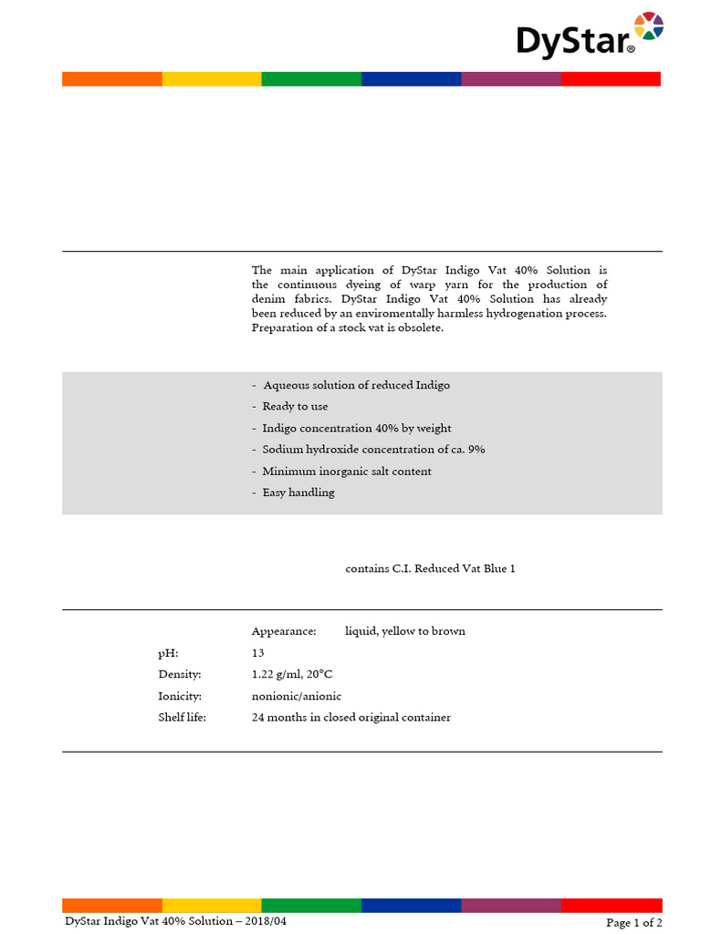 DyStar® Indigo Vat 40% Solution - TDS | PDF | Sodium Hydroxide | Physical Chemistry