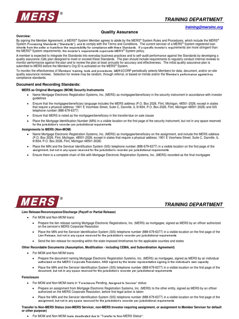 MERS Quality Assurance QRG-1 | PDF | Mortgage Law | Loans