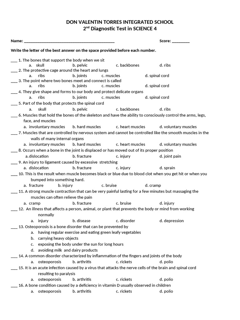 Science 4 Diagnostic Test - 2nd Quarter | PDF | Seed | Osteoporosis