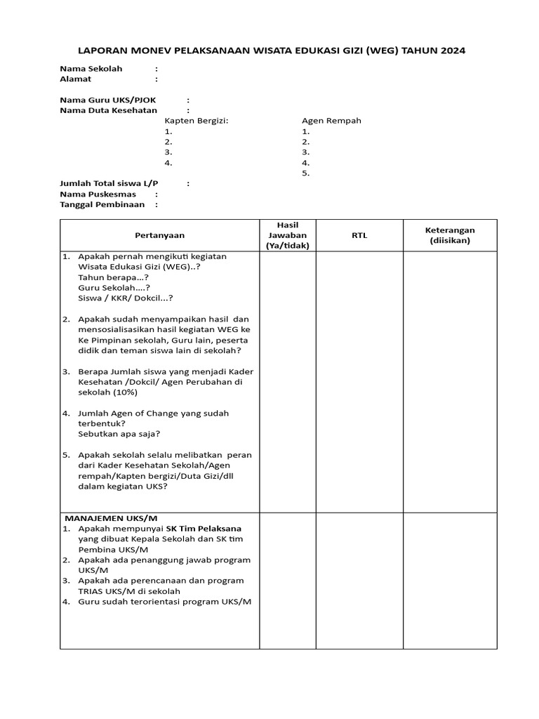Ceklist Monev Pelaksanaan Wisata Edukasi Gizi.2024 | PDF