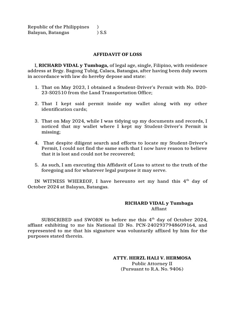 affidavit of loss - student permit | PDF