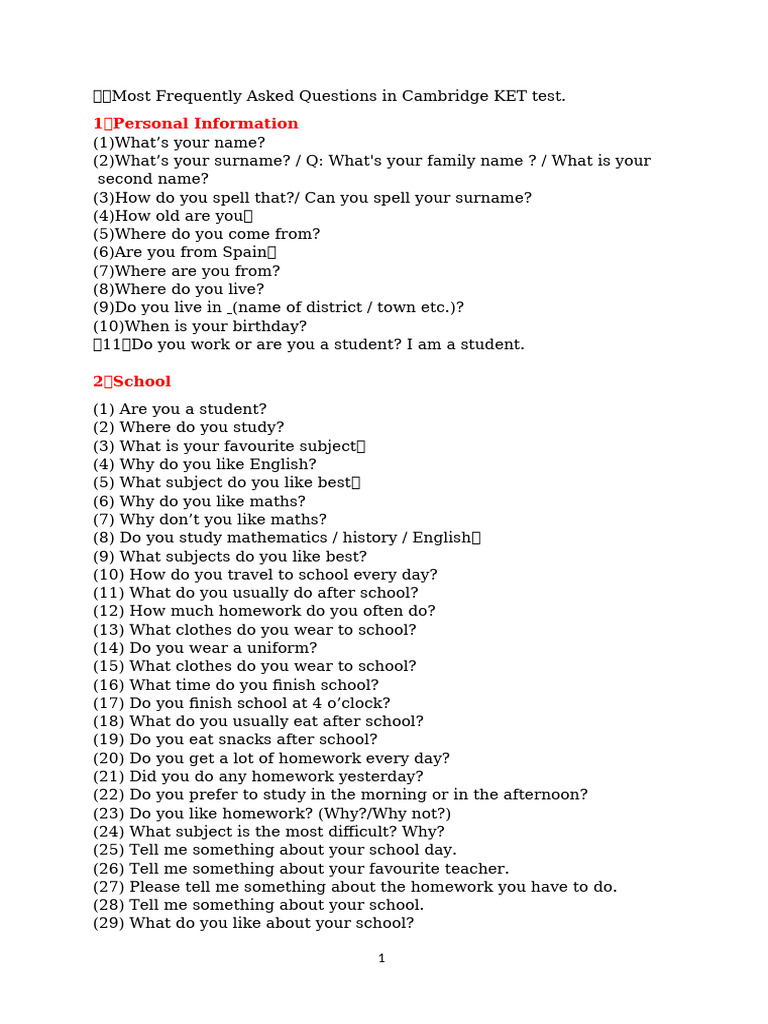 KET Most Common Speaking Questions | PDF | Holidays | Bus