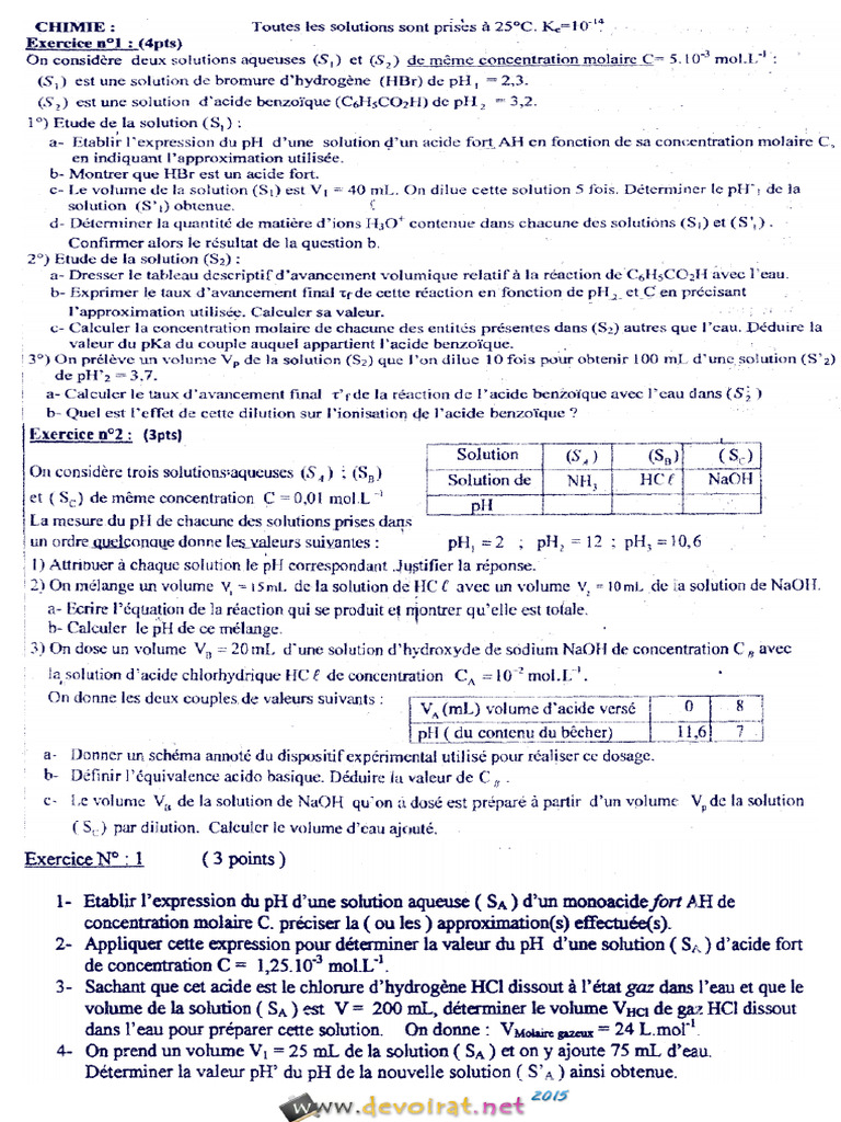 Série Corrigée D'exercices N°2 - Chimie PH - Bac Toutes Sections (2014 ...