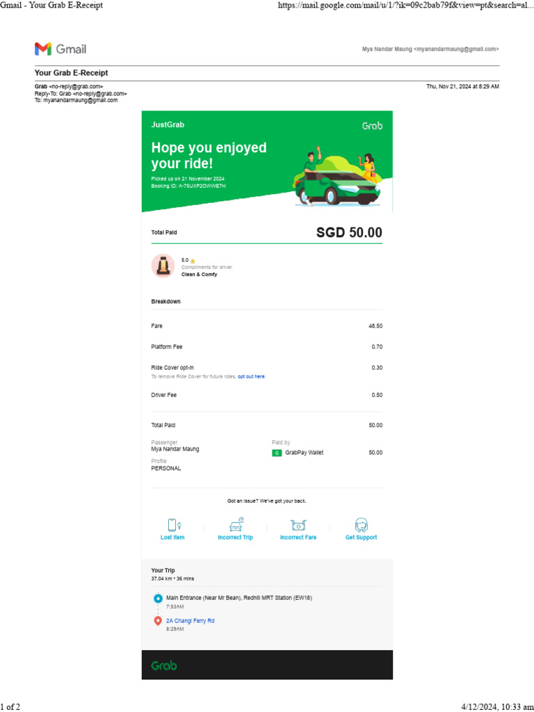 Grab E-Receipt 21 Nov 2024 | PDF | Transport Economics | Service Industries