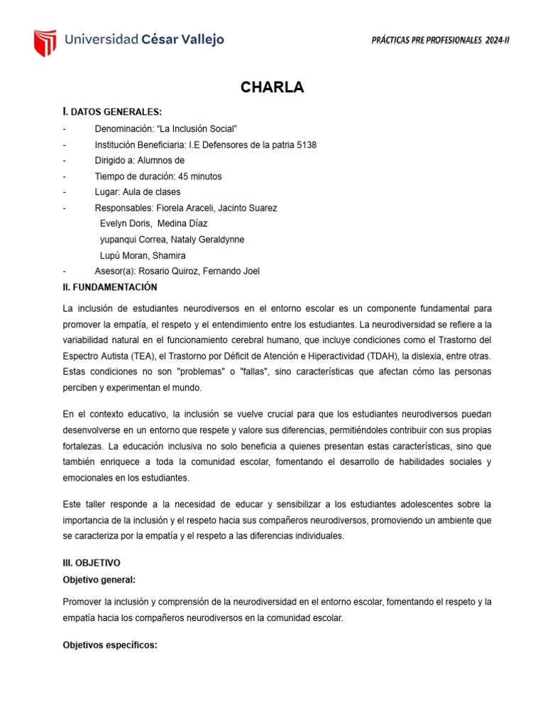 ESQUEMA DE CHARLA Neurodiversidad | PDF | Inclusión (Educación) | Salón de clases
