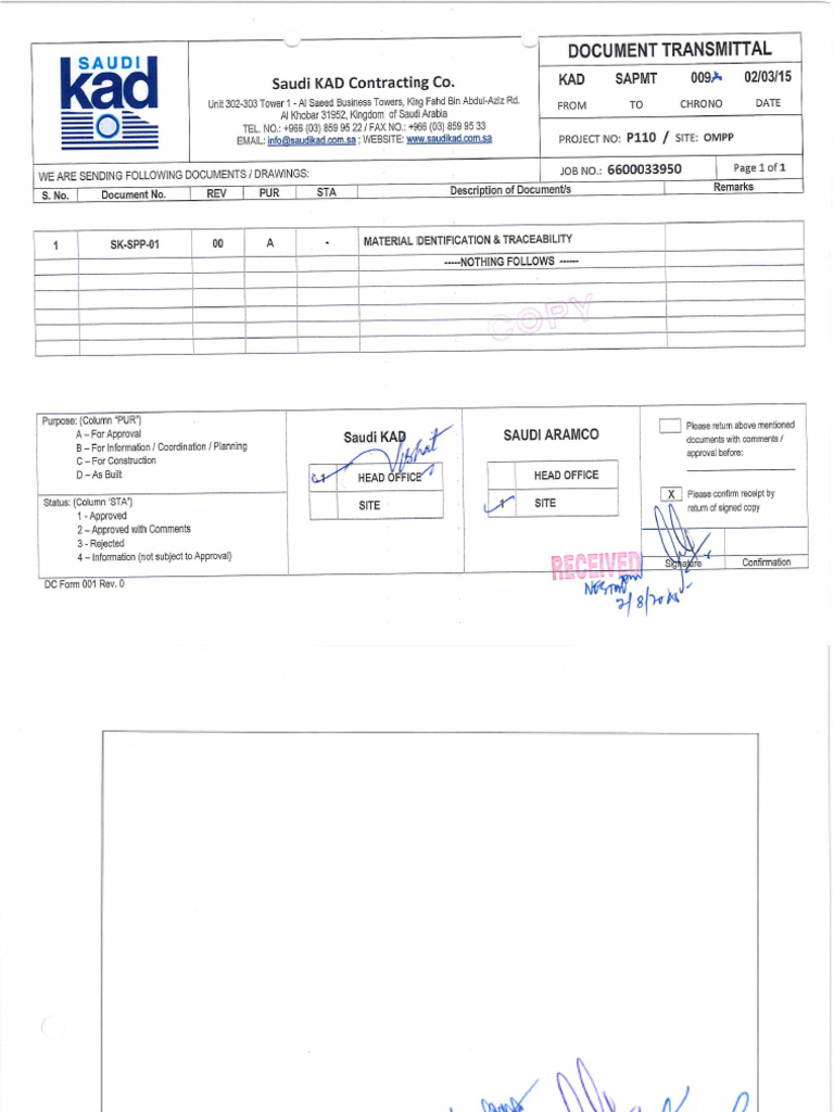 DT - SK - SAPMT - 09A - SK-SPP-01 Rev.00 Material Identification & Traceability | PDF