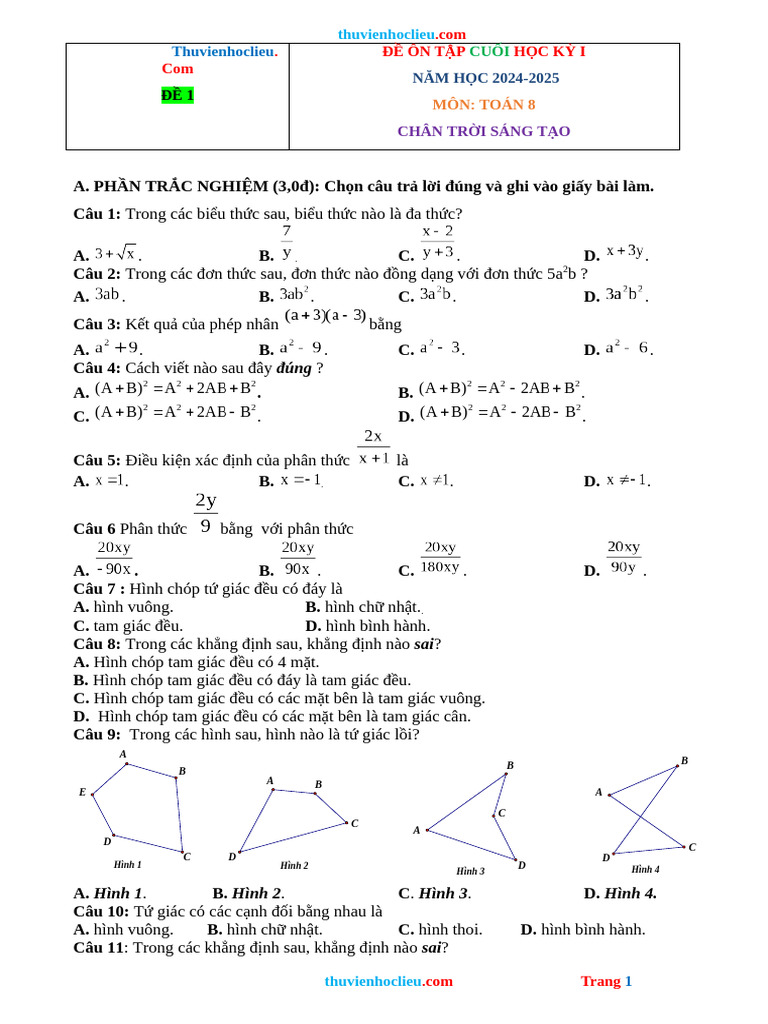 25 de On Tap Cuoi HK1 Toan 8 CTST | PDF
