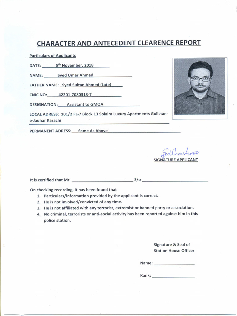 Character Form (Filled Syed Umar Ahmed) | PDF