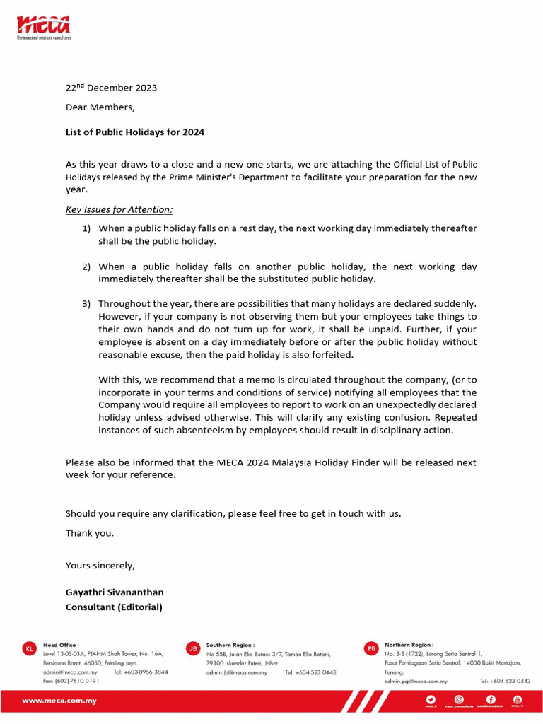 Circular - 2024 Public Holidays | PDF