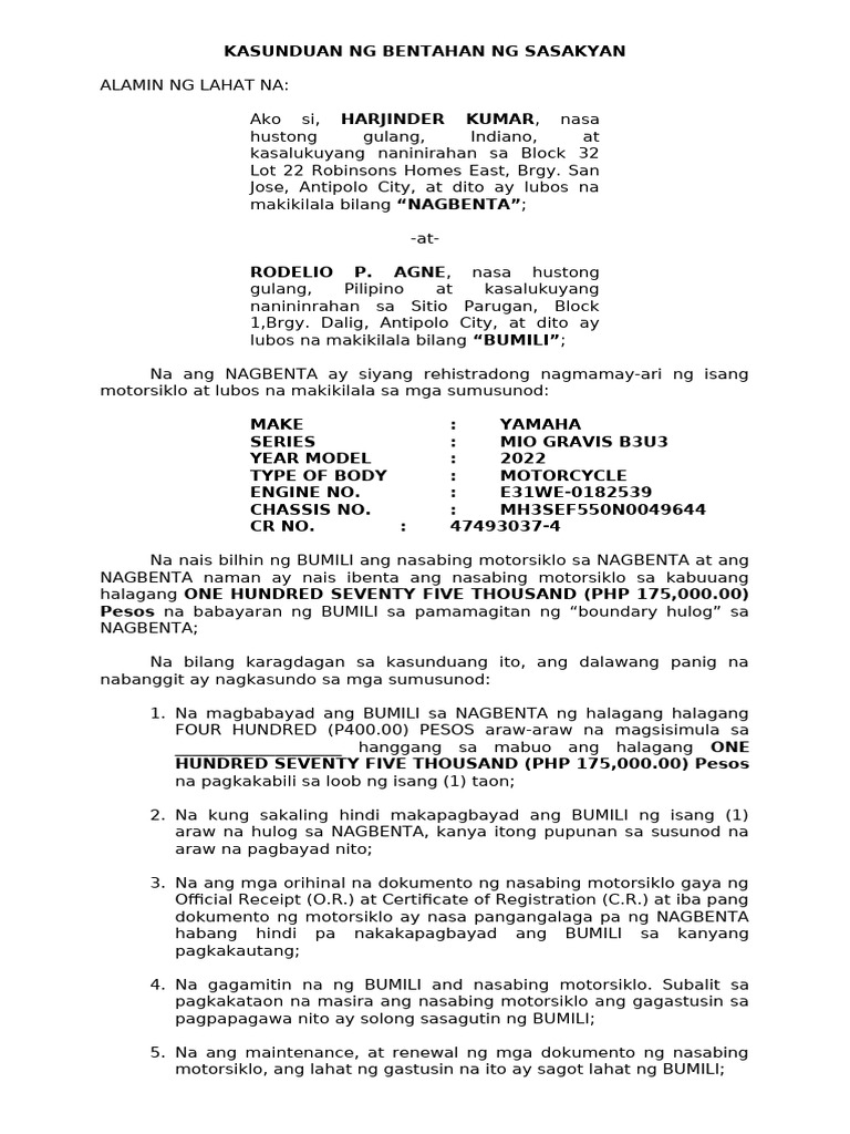 Kasunduan NG Bentahan NG Sasakyan Ni Harjinder Kumar (Rodelio Agne) | PDF