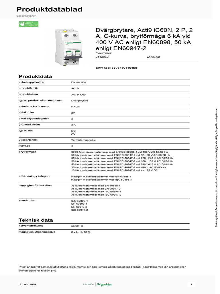 Schneider Electric - Acti9-iC60 - A9F04202 | PDF