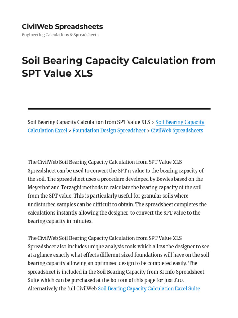 Soil Bearing Capacity Calculation From SPT Value XLS Spreadsheet | PDF | Microsoft Excel