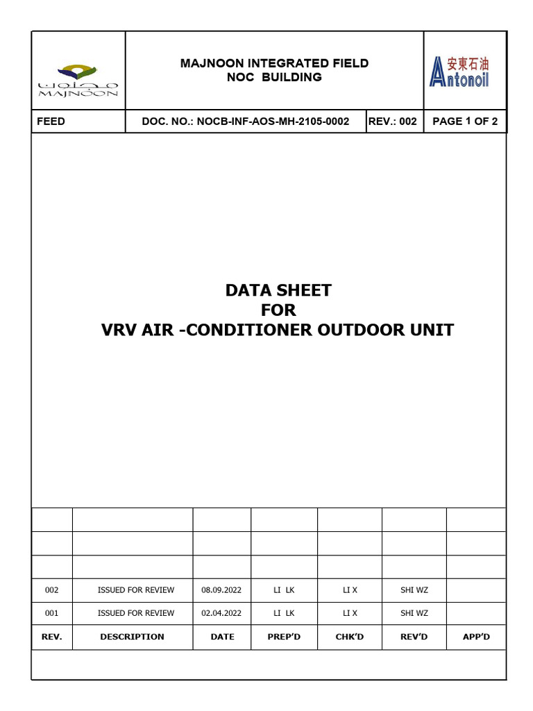 Nocb-Inf-Aos-Mh-2105-0002 Data Sheet For VRV Air - Conditioner Outdoor ...