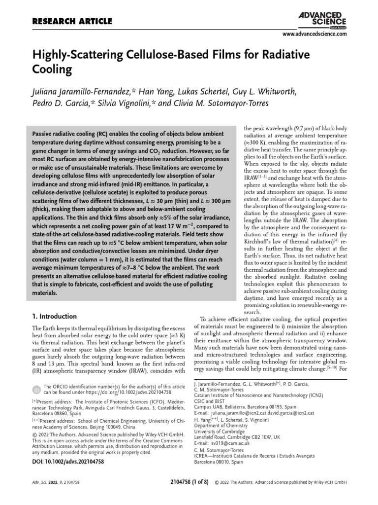 Cellulose Films for Radiative Cooling | PDF | Infrared ...