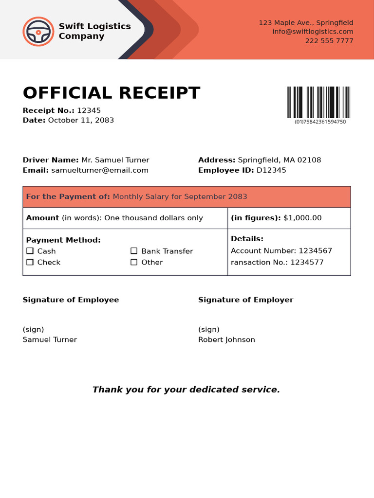 Driver Salary Receipt Template | PDF