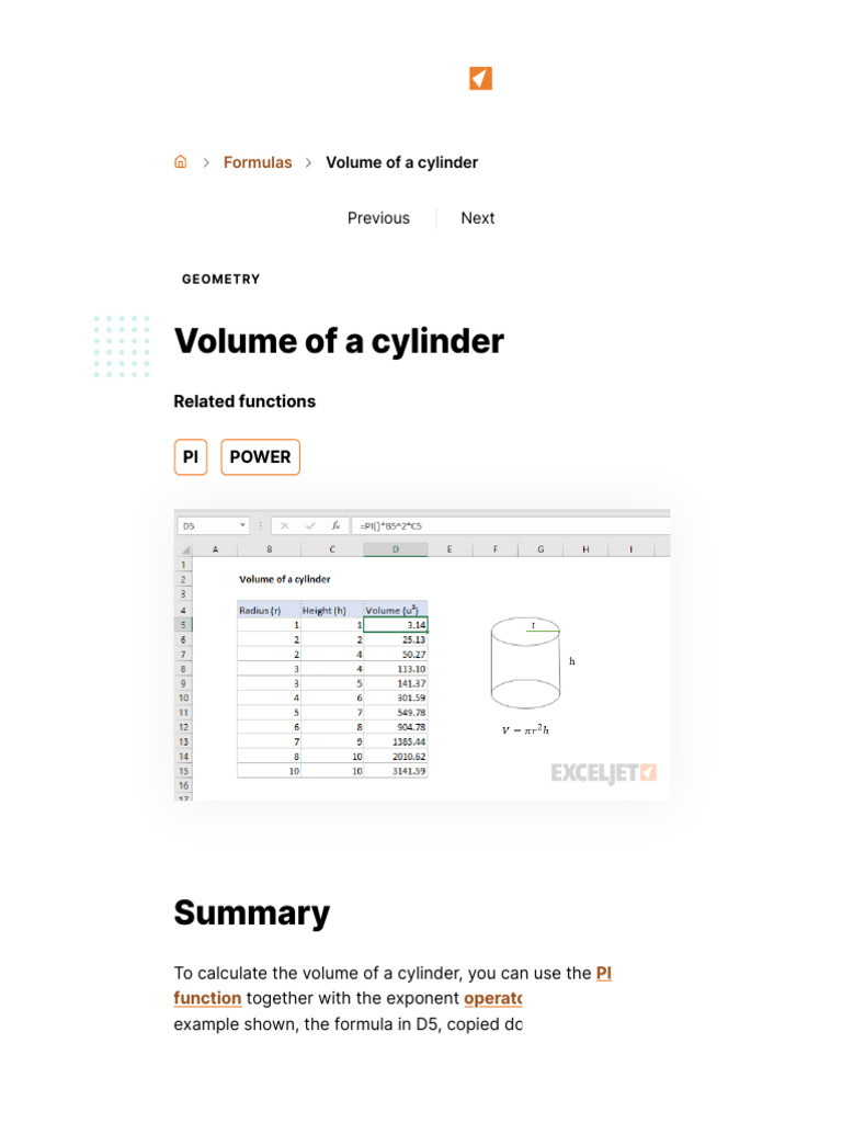 Excel Formula for Cylinder Volume | PDF | Pi | Area