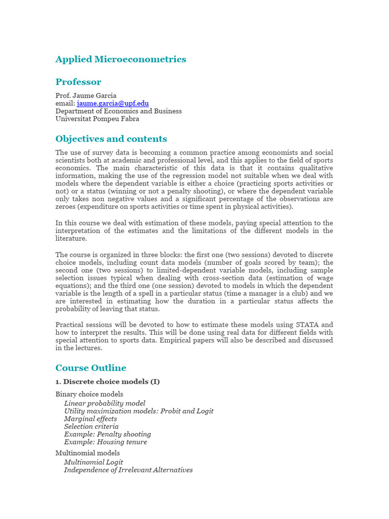 Applied Microeconometrics Fall 2018 | PDF | Logistic Regression | Econometrics